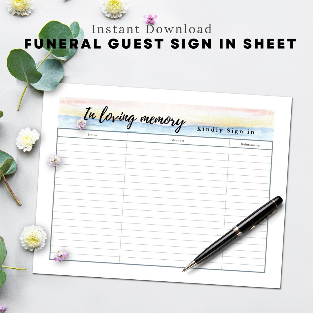 Funeral Guest Sign in Sheet Printable Ocean Watercolor Design Funeral ...