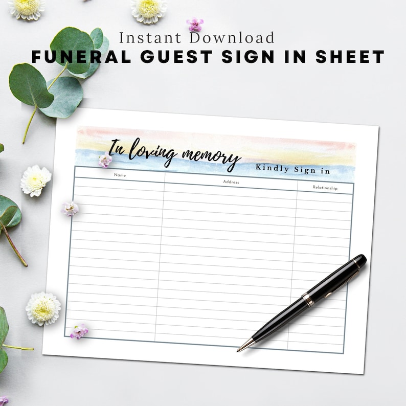 Funeral Guest Sign in Sheet Printable Ocean Watercolor Design Funeral ...