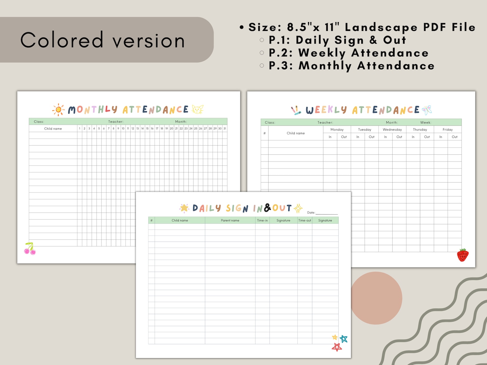 Daycare Attendance Sheet Bundle: Daily, Weekly, Monthly (printable PDF ...