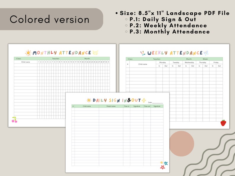 Daycare Attendance Sheet Bundle: Daily, Weekly, Monthly (printable PDF ...