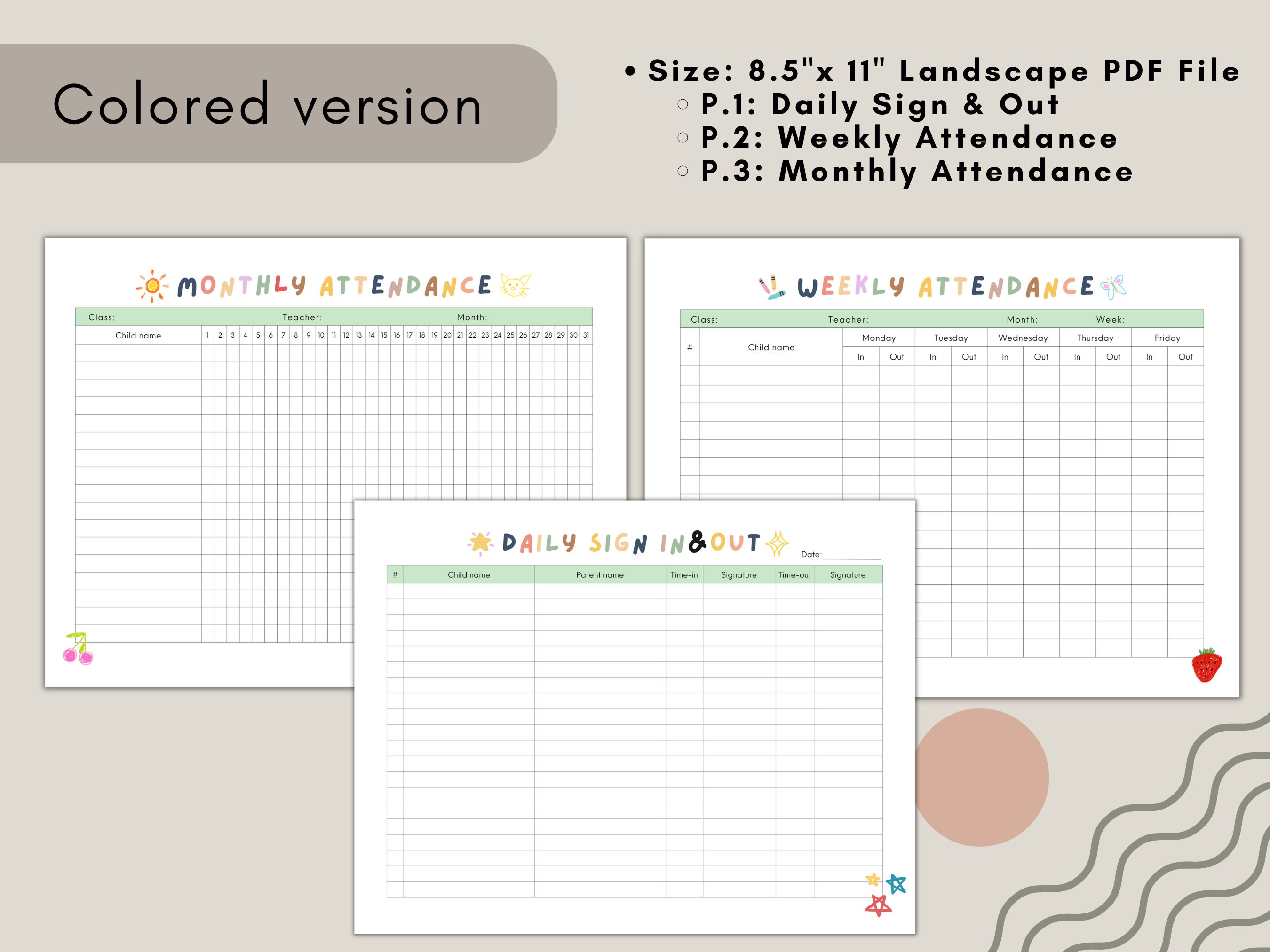 Daycare Sign in and Out Sheet Bundle Daycare Weekly Attendance Sheet ...