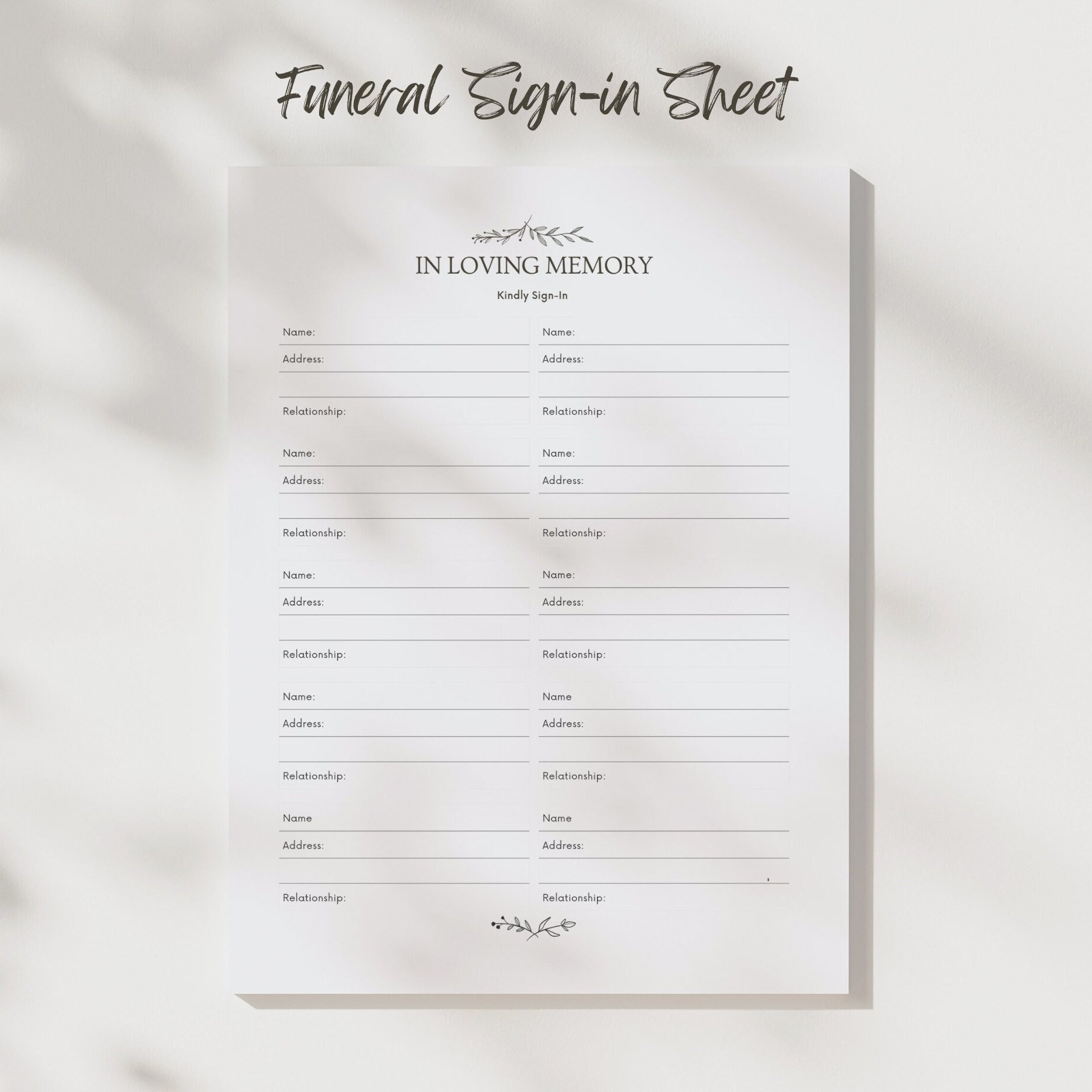 Funeral Sign in Sheet Printable Funeral Guest Book Insert Printable ...