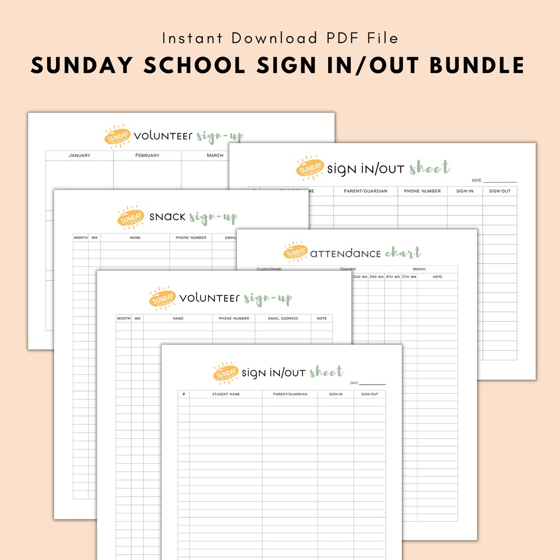 Sunday School Sign-in/out Sheet Bundle: Attendance & Volunteer Forms ...