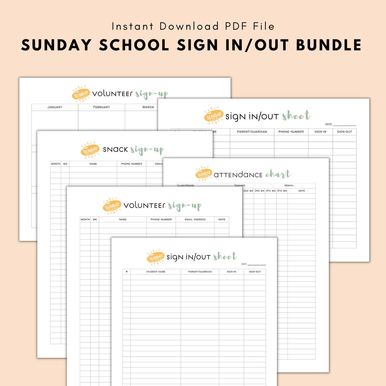 Sunday School Sign-in/out Sheet Bundle: Attendance & Volunteer Forms ...