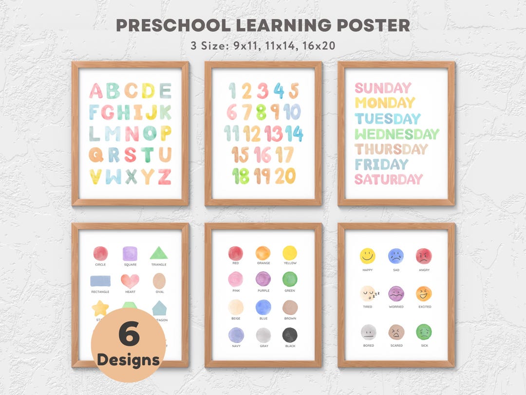 Watercolor Preschool Kindergarten Learning Poster Alphabet Numbers ...