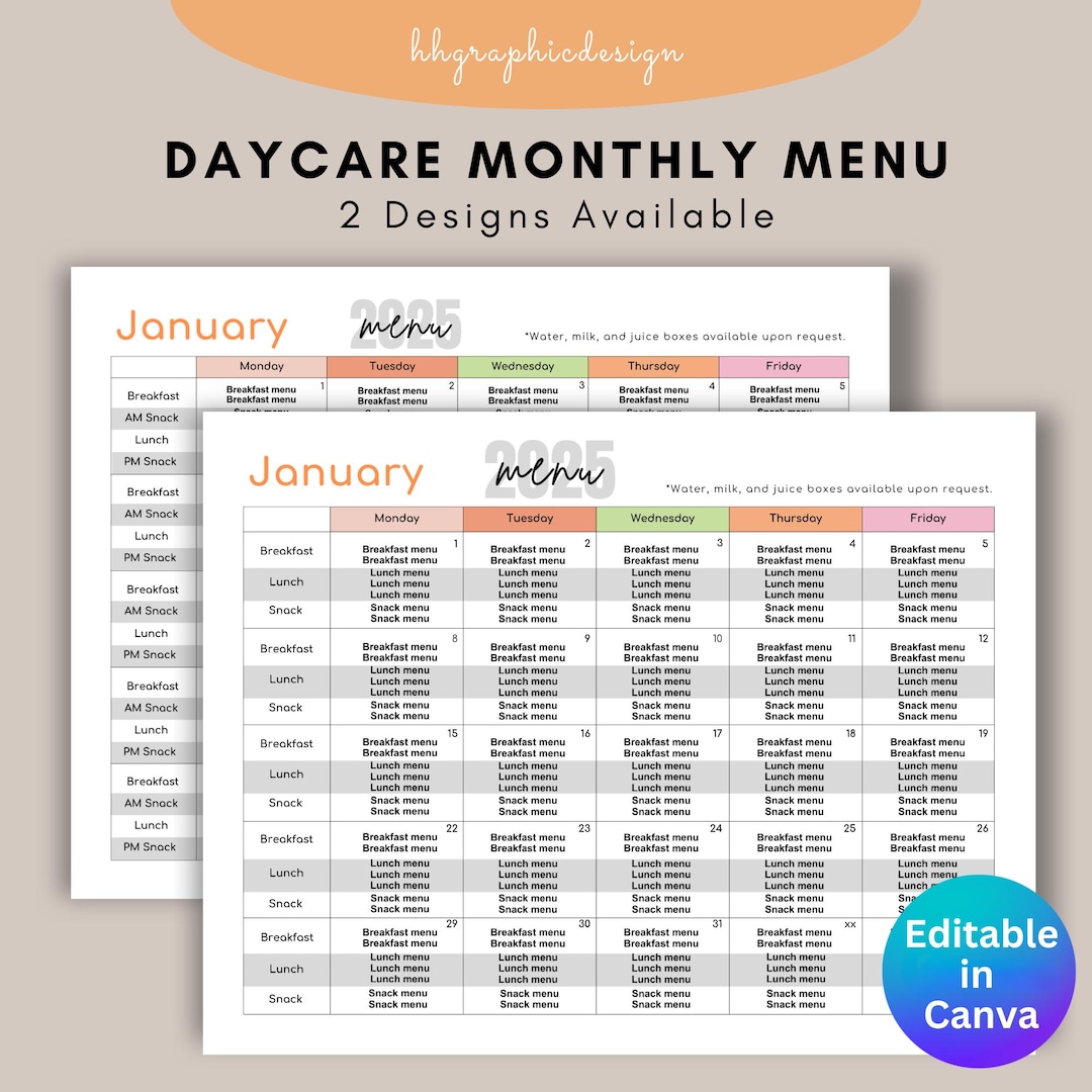 Daycare Monthly Meal Menu Template: Editable Calendar (canva Digital ...