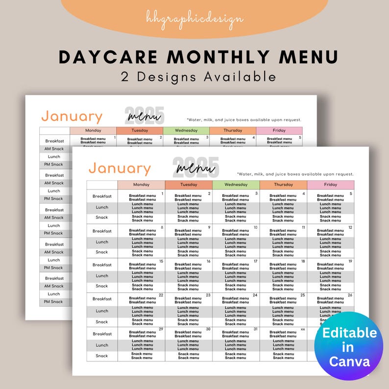 Daycare Monthly Meal Menu Template: Editable Calendar (canva Digital ...