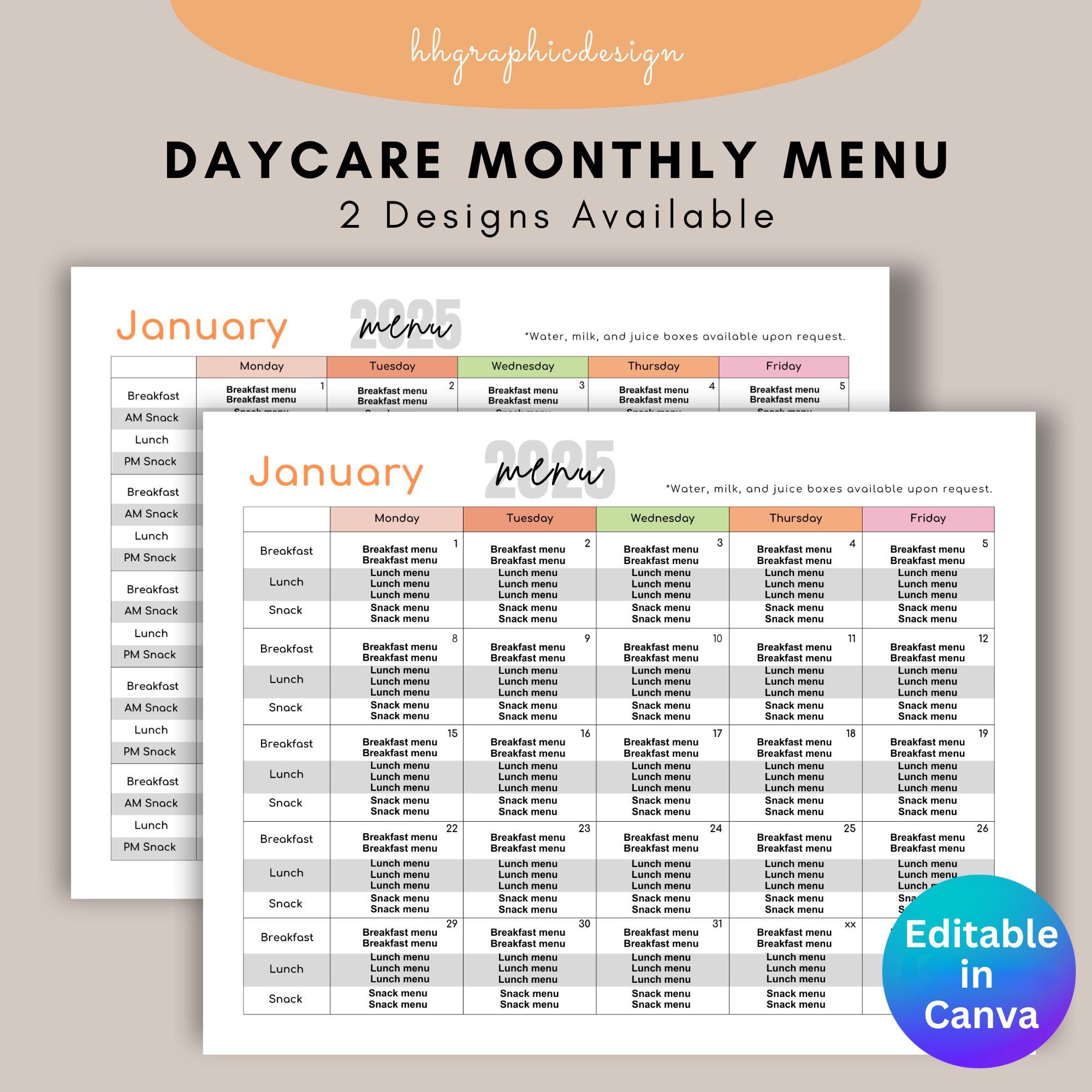 Daycare Monthly Meal Menu Template: Editable Calendar (canva Digital ...