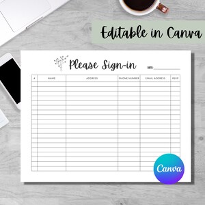 Guest Sign-in Sheet Template in Canva Visitor Sign in Sheet - Etsy