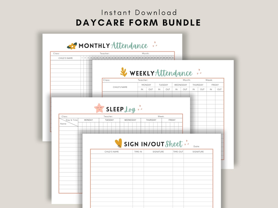 Daycare Form Bundle Daily Sign in Sheet Weekly Attendance Sheet Monthly ...