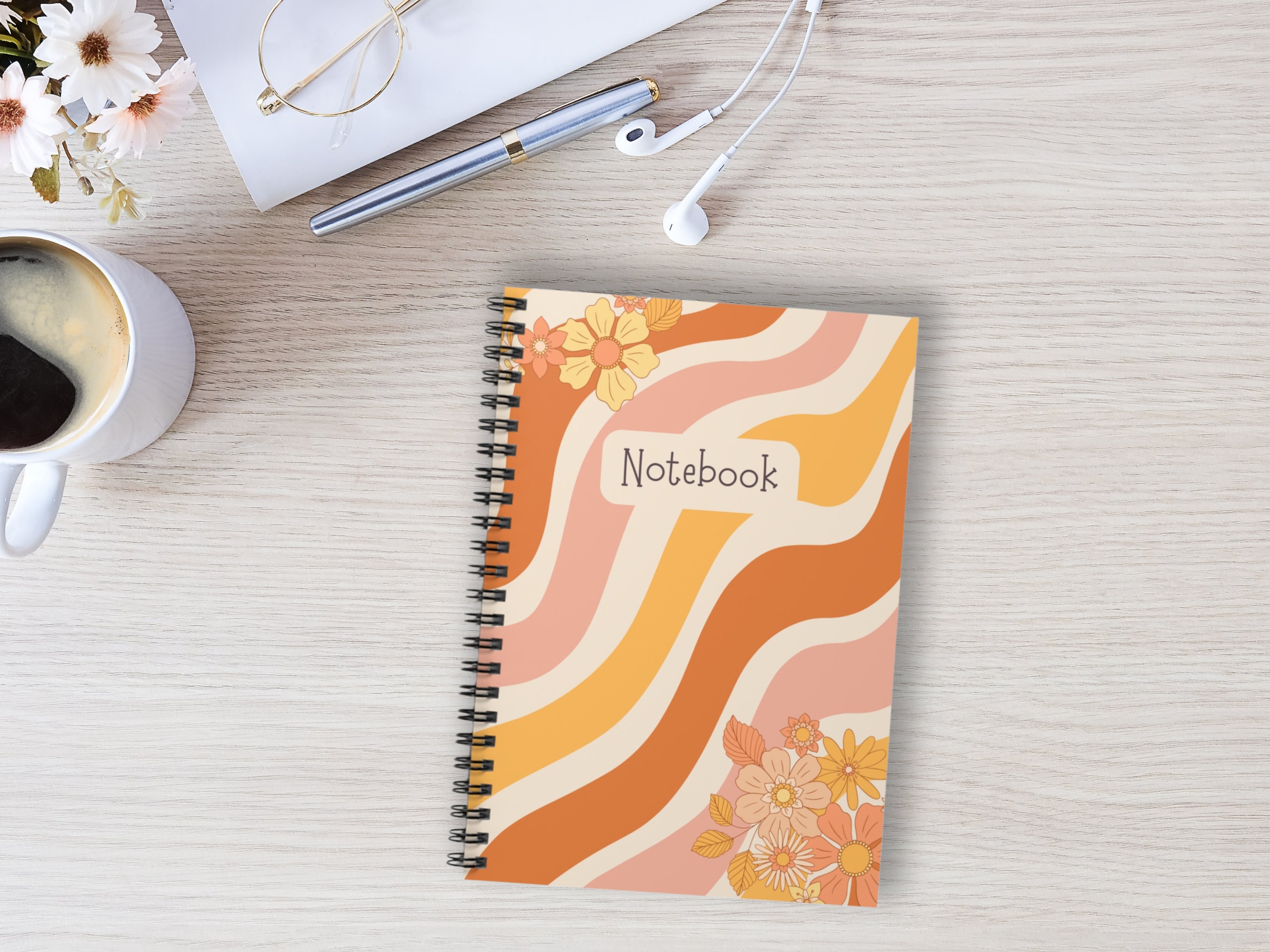 Retro Wavy Design Spiral Notebook Ruled Line 6x8 Notebook Floral Design ...
