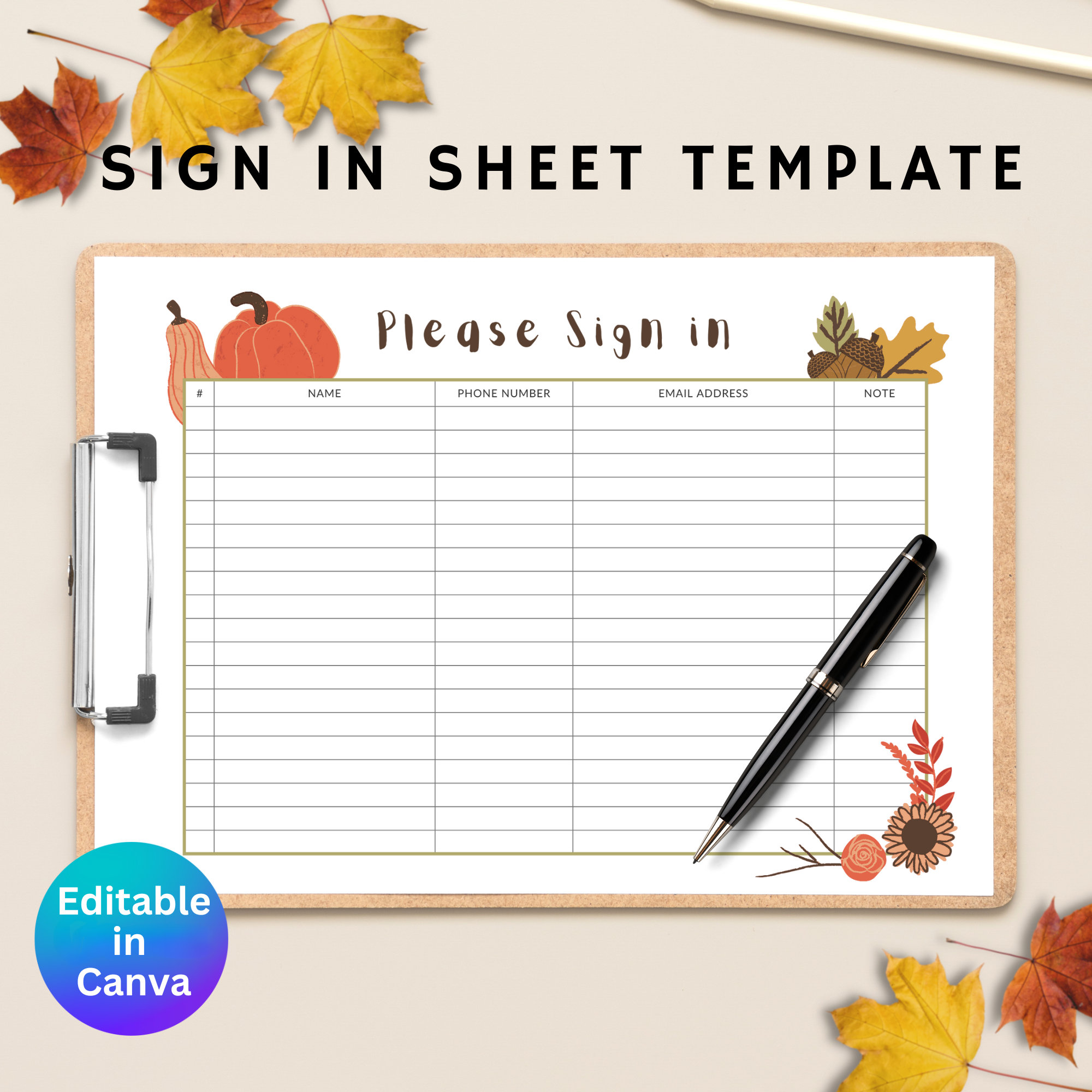 Sign-in Sheet Template Fall Theme Canva Client Sign in Sheet Editable ...