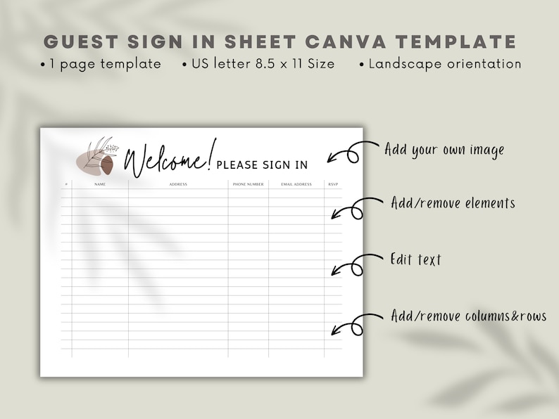 Editable Guest Sign-in Sheet Template: Canva Visitor Check-in (digital ...
