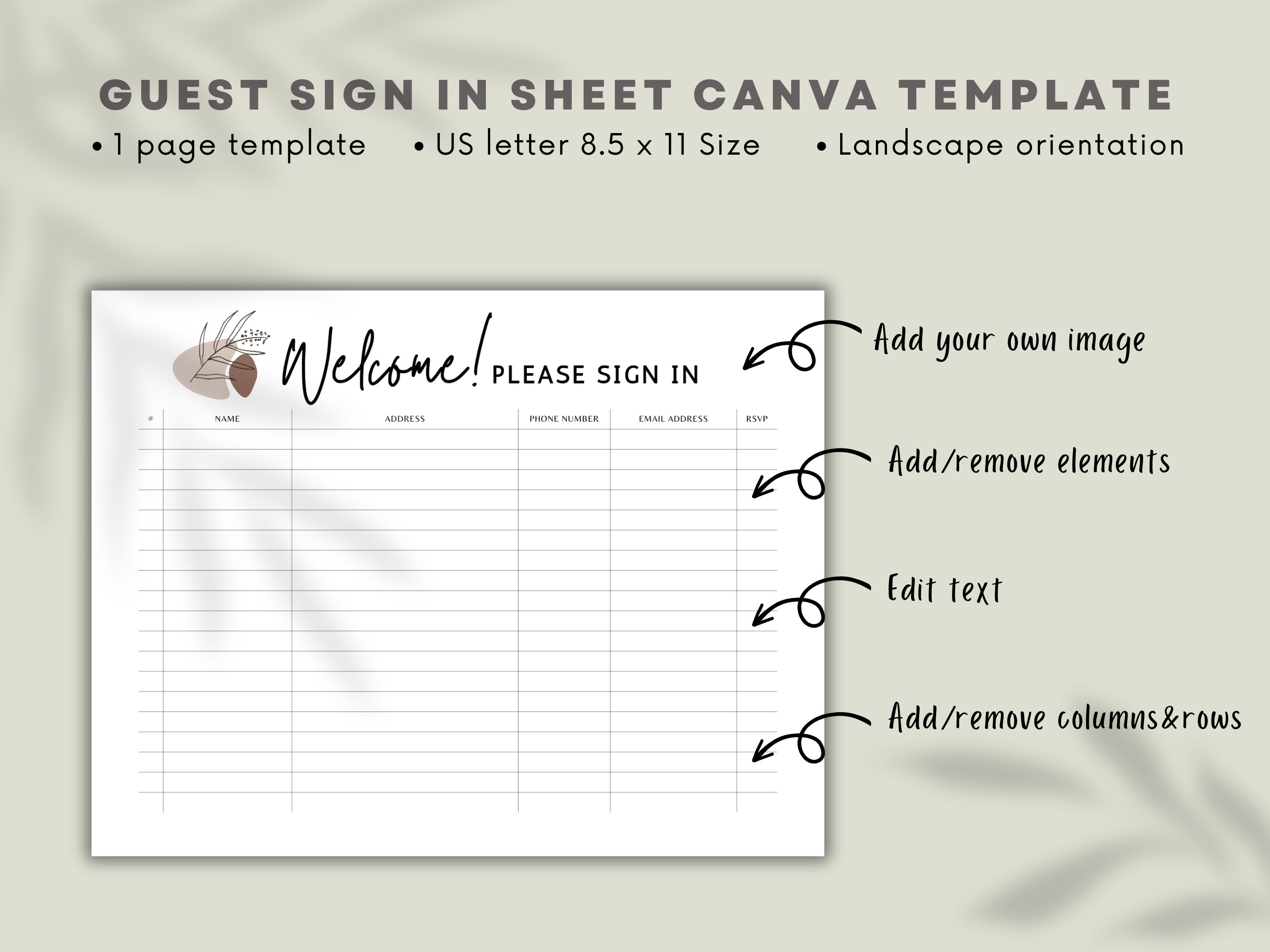 Editable Guest Sign-in Sheet Template: Canva Visitor Check-in (digital ...