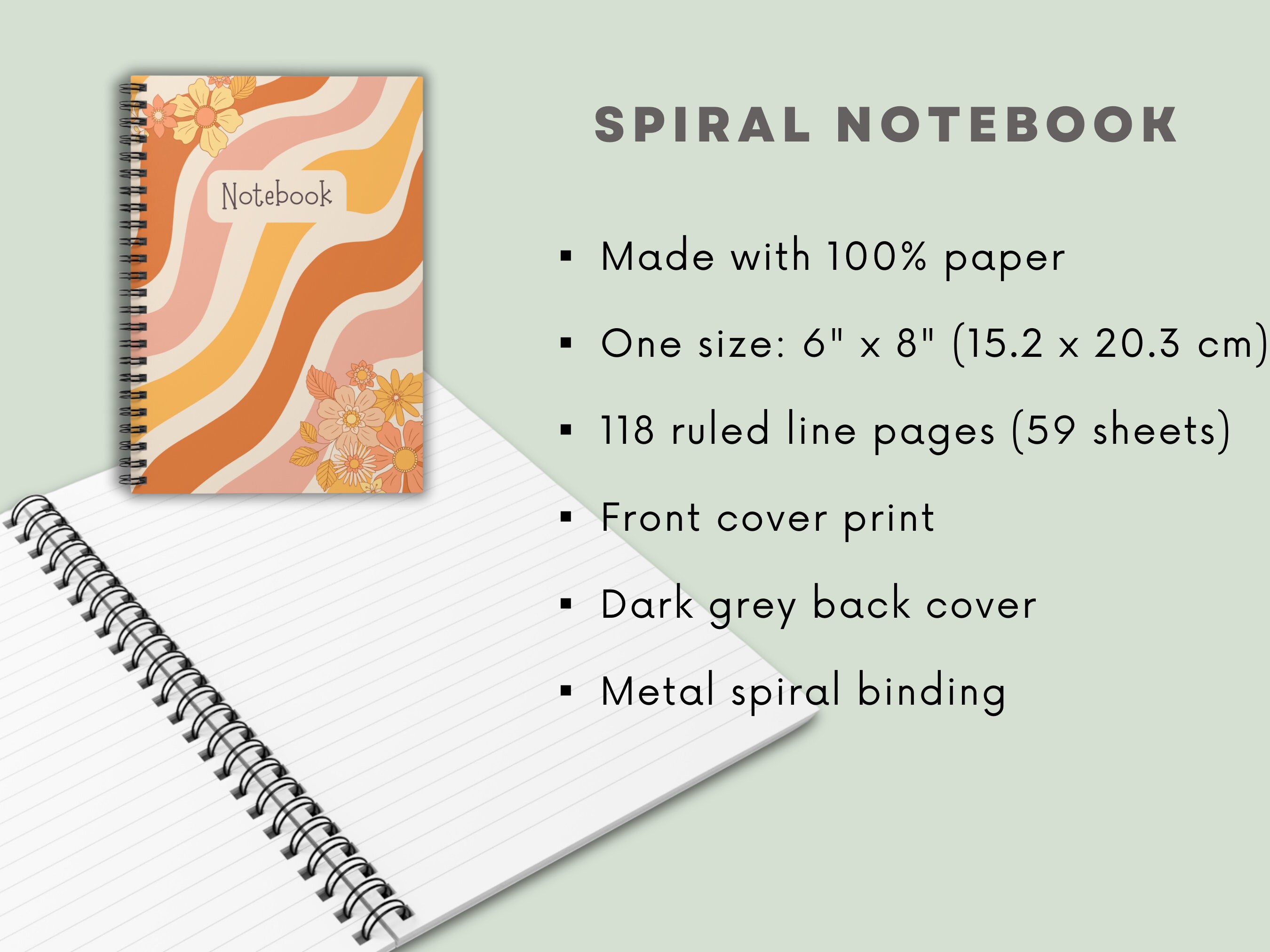 Retro Wavy Design Spiral Notebook Ruled Line 6x8 Notebook Floral Design ...