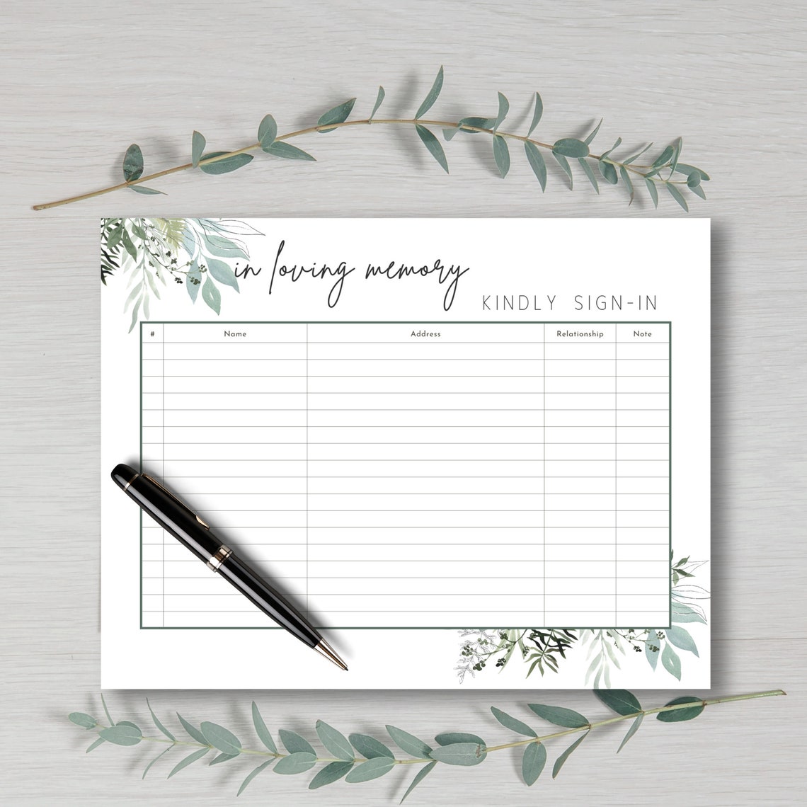Funeral Sign in Sheet Printable Funeral Guest Check in Sheet Printable ...