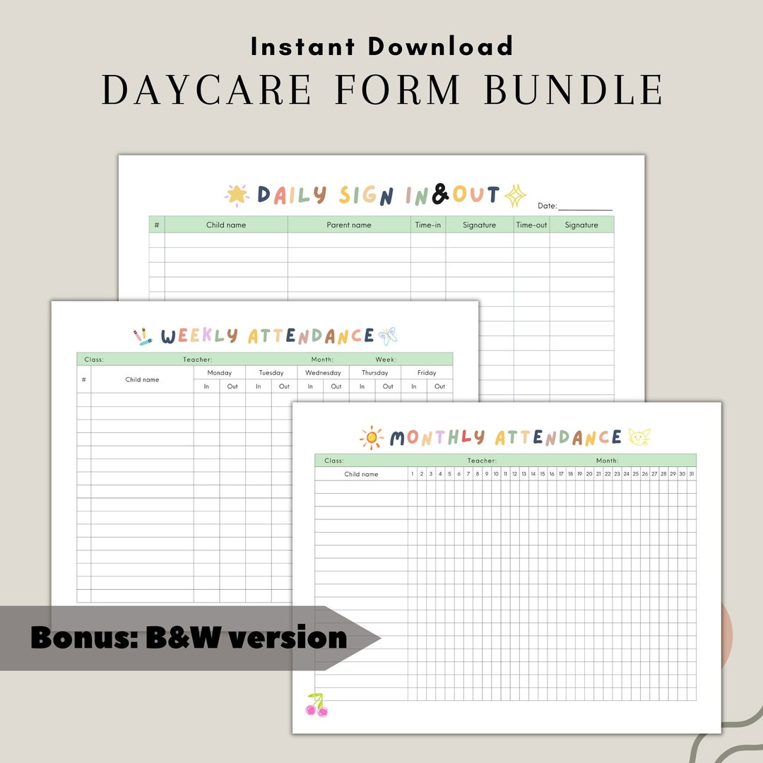 Daycare Attendance Sheet Bundle: Daily, Weekly, Monthly (printable PDF ...