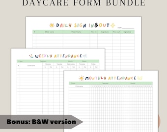 Daycare Attendance Sheet Bundle: Daily, Weekly, Monthly (printable PDF ...