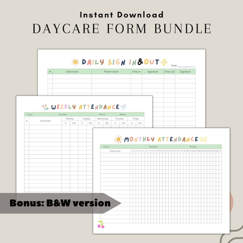 Daycare Attendance Sheet Bundle: Daily, Weekly, Monthly (printable PDF ...