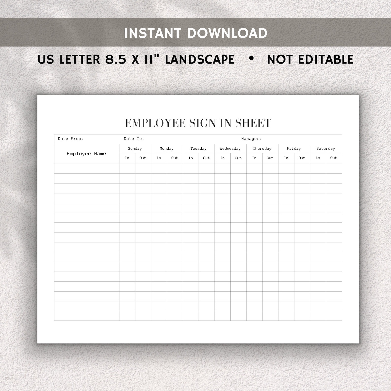 Employee Sign in Sheet Monday to Sunday Printable Work Time in and Time ...
