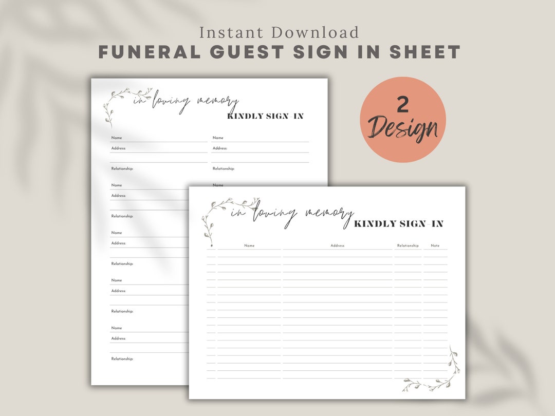Funeral Sign in Sheet Printable Bundle DIY Funeral Guest Check in Sheet ...