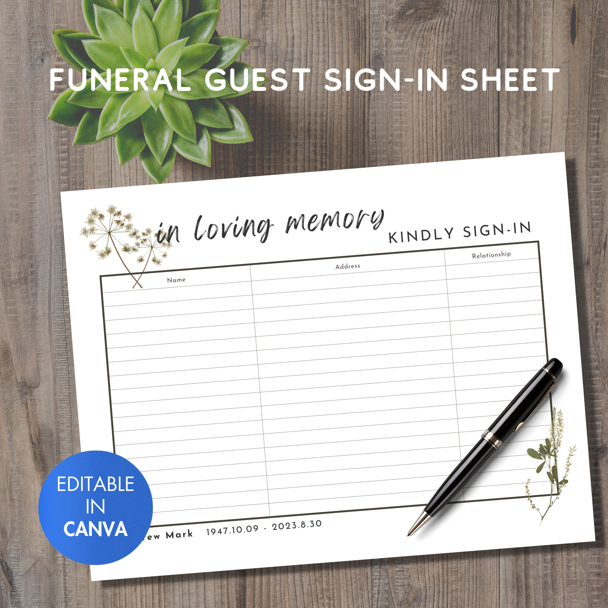 Funeral Guest Sign-in Sheet Template: Editable Canva Insert (digital ...
