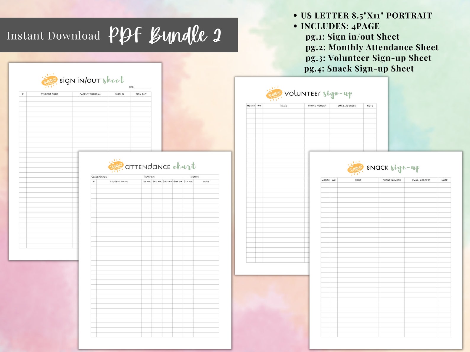 Sunday School Sign-in/out Sheet Bundle: Attendance & Volunteer Forms ...