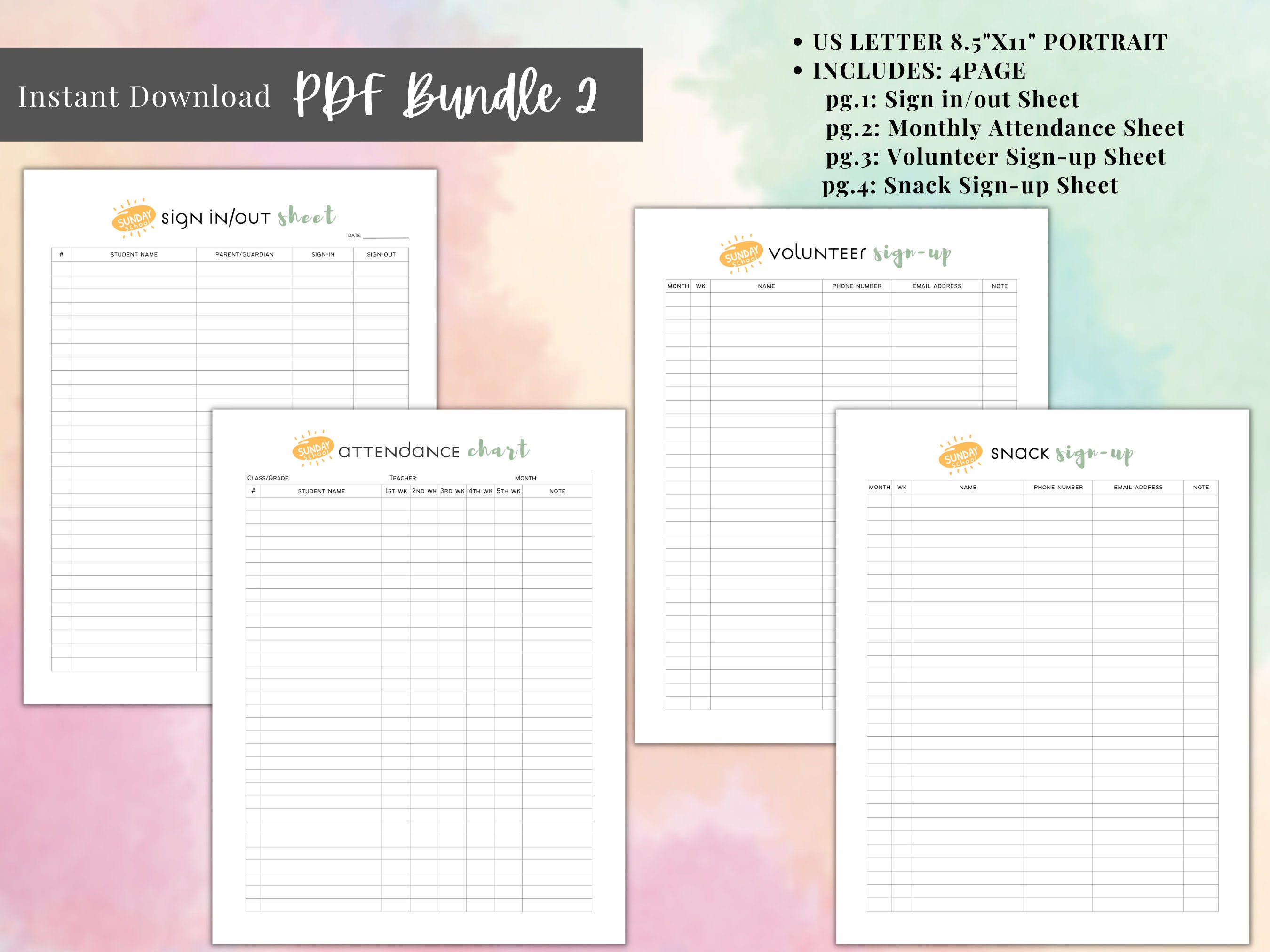 Sunday School Sign-in/out Sheet Bundle: Attendance & Volunteer Forms ...