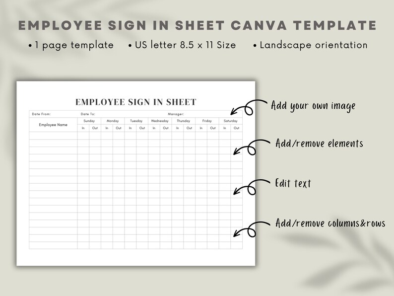 Employee Sign in Sheet Template Editable Canva Employee Check in Sheet ...
