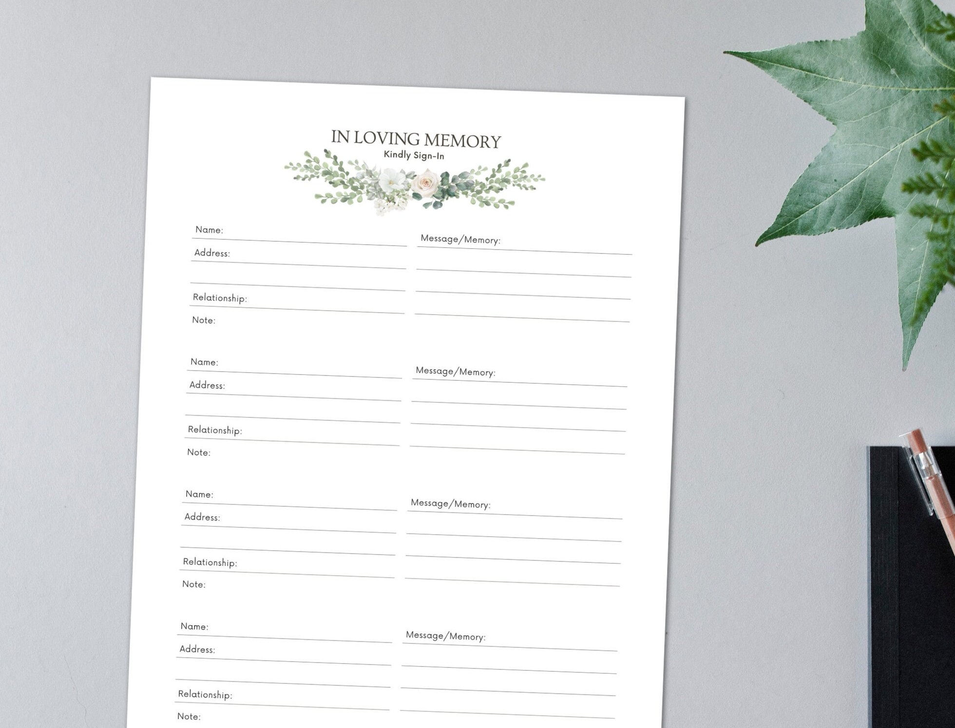 Floral Funeral Guest Sign-in Sheet Printable (PDF Download) - Etsy