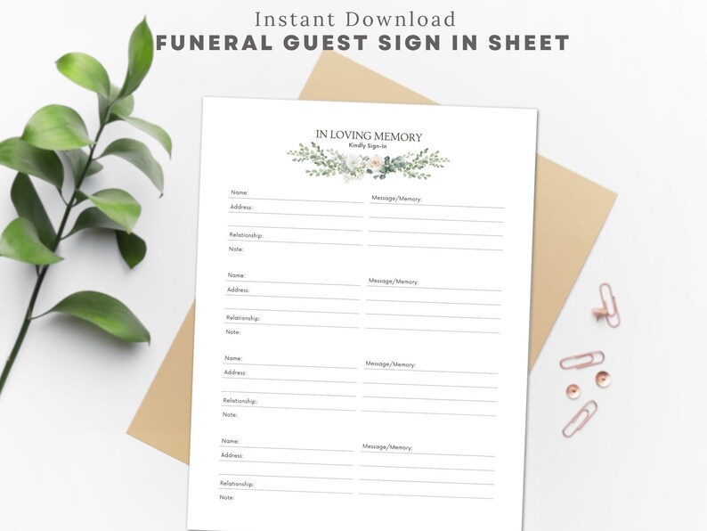 Floral Funeral Guest Sign-in Sheet Printable (PDF Download) - Etsy