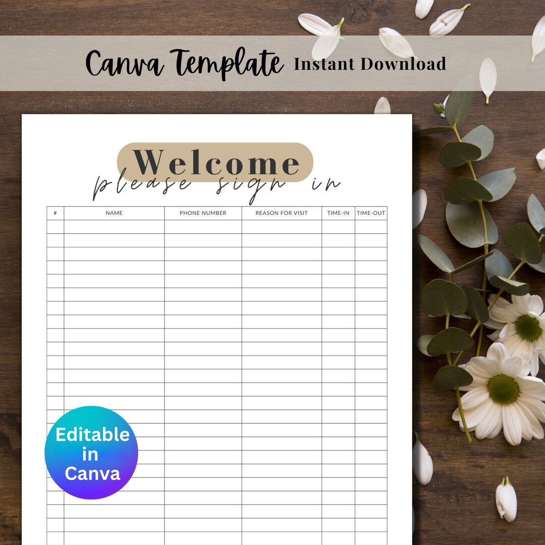 Visitor Sign-in Sheet Template in Canva Guest Sign in Sheet Editable ...