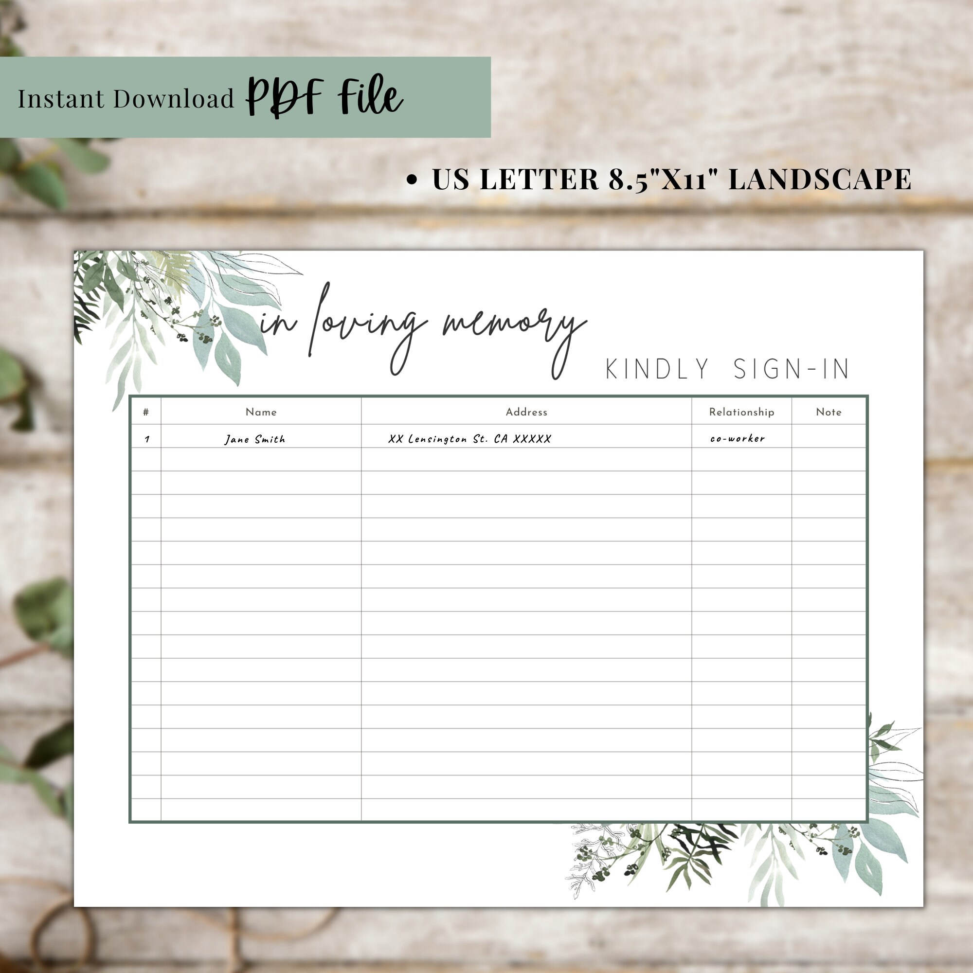 Funeral Sign in Sheet Printable Funeral Guest Check in Sheet Printable ...