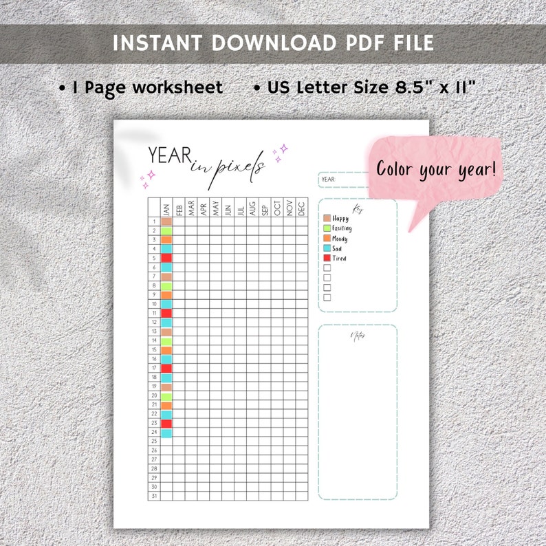 Year in Pixels Worksheet Printable Color Your Year Worksheet Fun ...