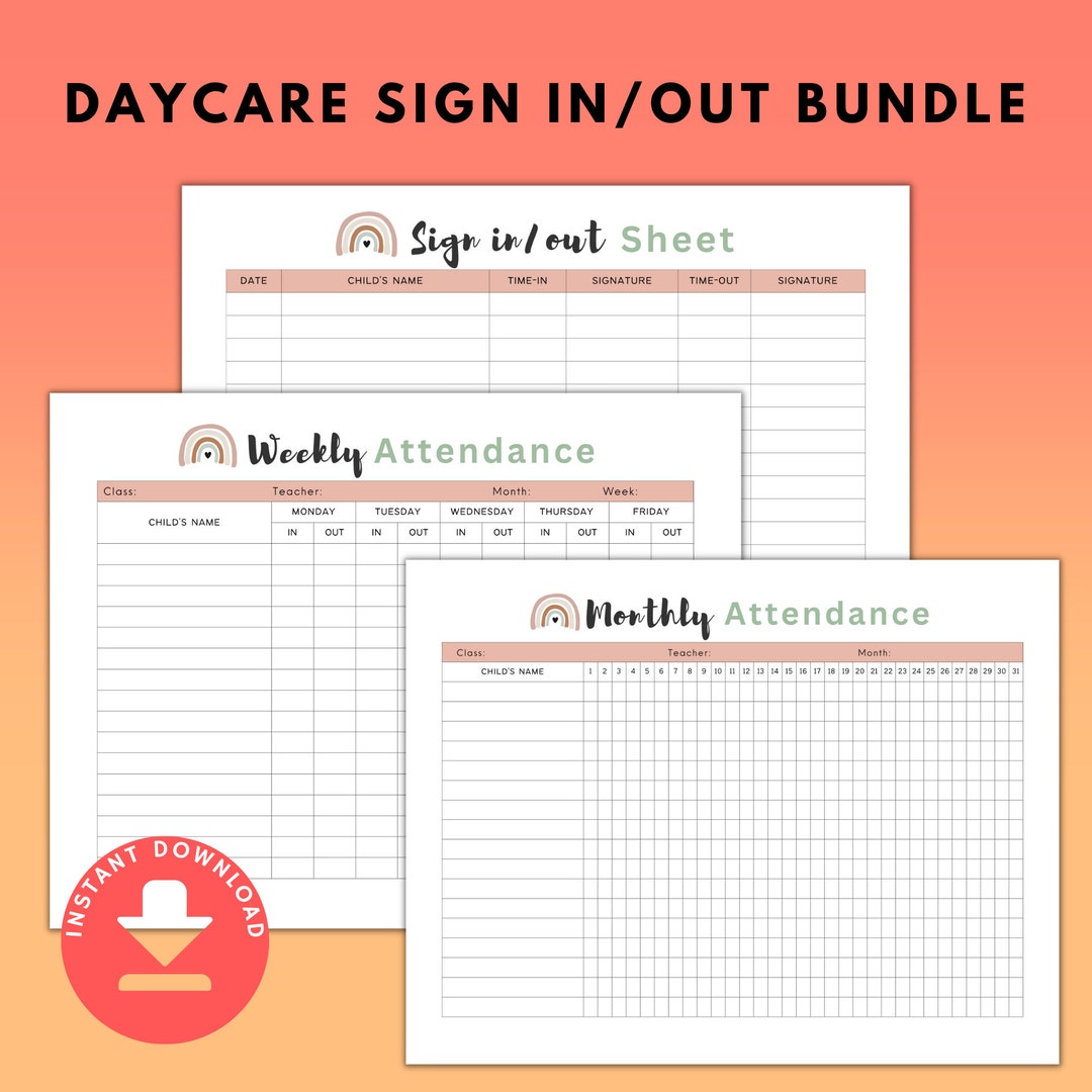 Daycare Sign in and Out Sheet Bundle Daycare Weekly Attendance Sheet ...