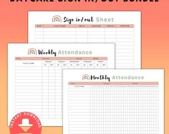 Daycare Attendance Sheet Bundle: Daily, Weekly, Monthly (printable PDF) - Etsy