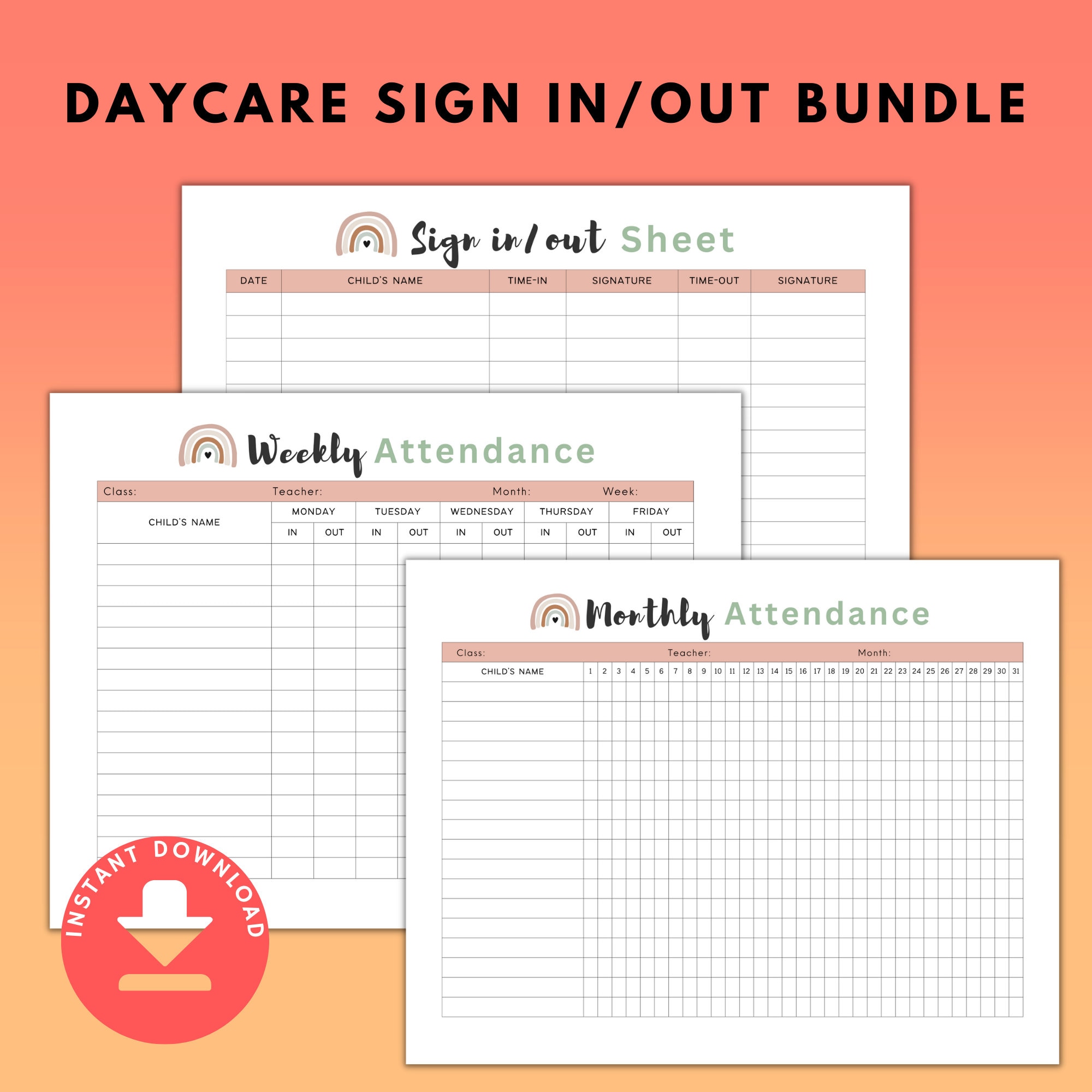 Daycare Attendance Sheet Bundle: Daily, Weekly, Monthly (printable PDF ...