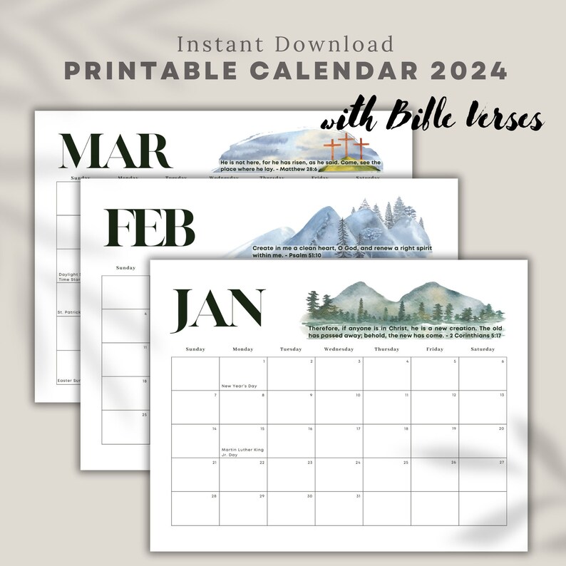 Printable Calendar 2024 With Bible Verses Watercolor Design 2024 ...