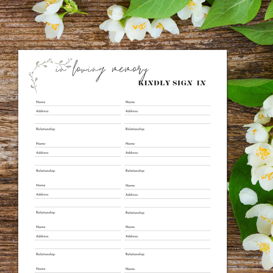 Funeral Sign in Sheet Printable Funeral Guest Check in Sheet Printable ...