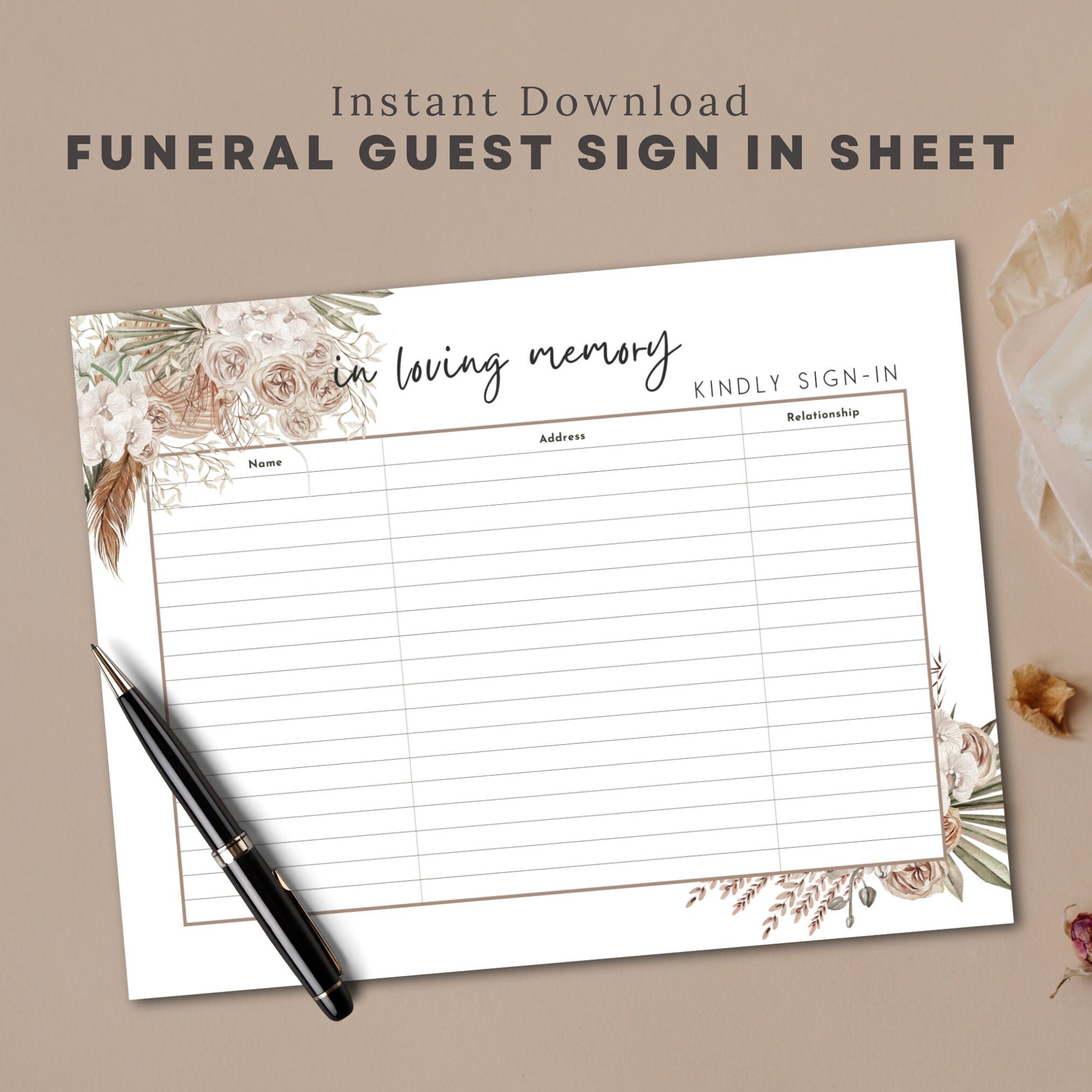 Funeral Guest Sign in Sheet Printable Pink Floral Design Funeral Guest Book Insert Instant ...