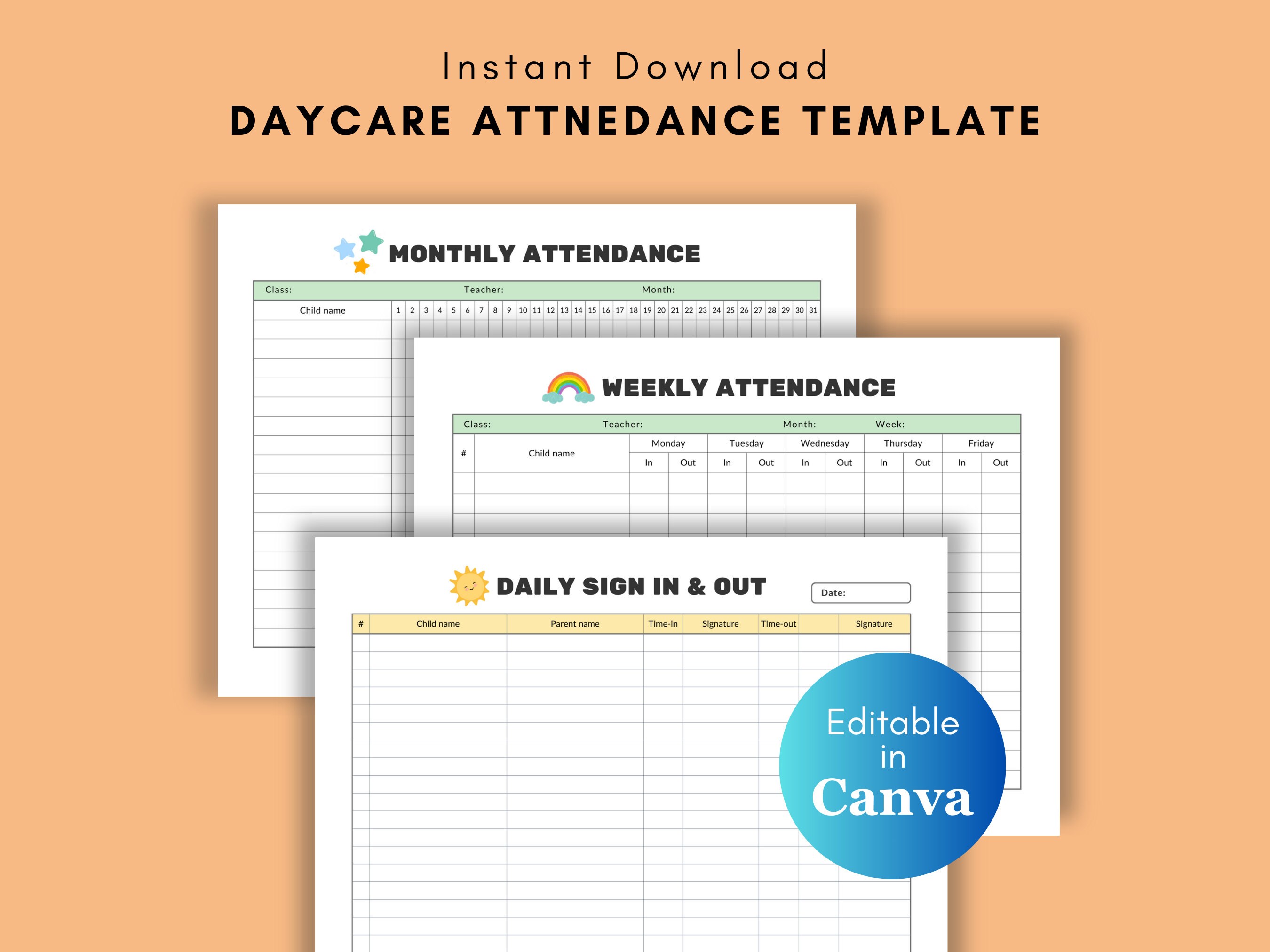 Daycare Sign in Sheet Template Canva Editable Weekly Monthly Attendance ...