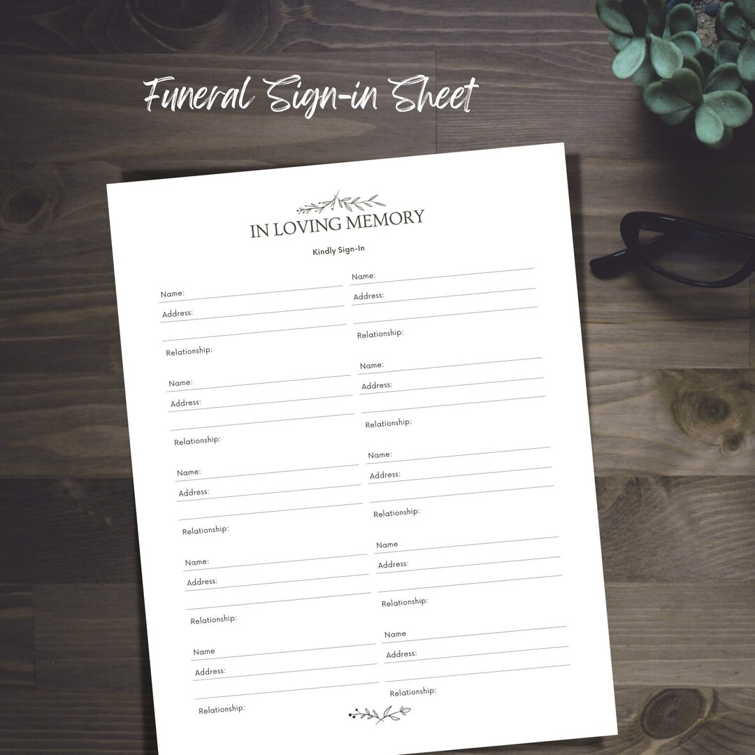 Funeral Sign in Sheet Printable Funeral Guest Book Insert Printable ...