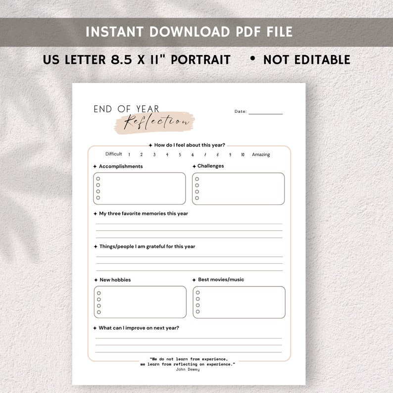 End of Year Reflection Worksheet: Printable Yearly Review (digital ...