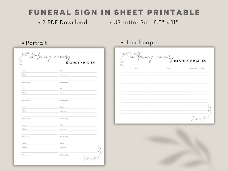 Funeral Guest Sign-in Sheet Printable: Modern Design (PDF Download) - Etsy