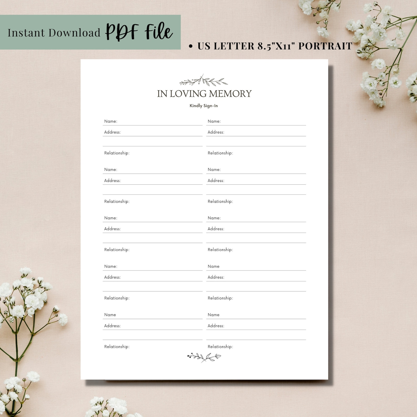 Funeral Sign in Sheet Printable Funeral Guest Book Insert Printable Modern Leaf Design Funeral ...
