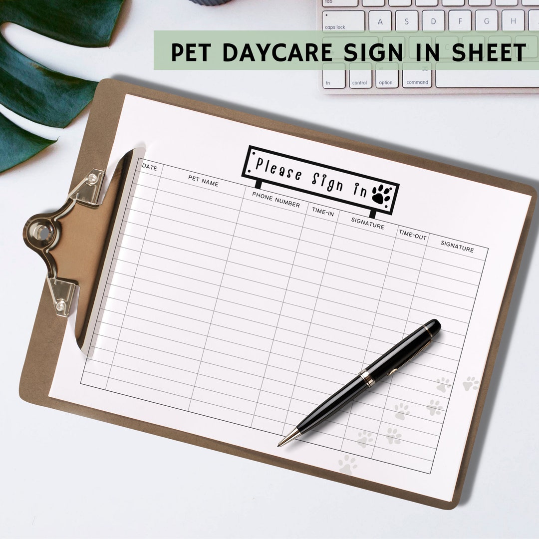 Printable Dog Daycare Check in Sheet Pet Daycare Sign in and Out Sheet ...