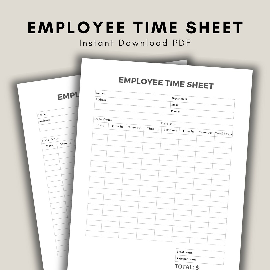 Employee Time Sheet Printable Work Time in and Time Out Tracker Sheet ...