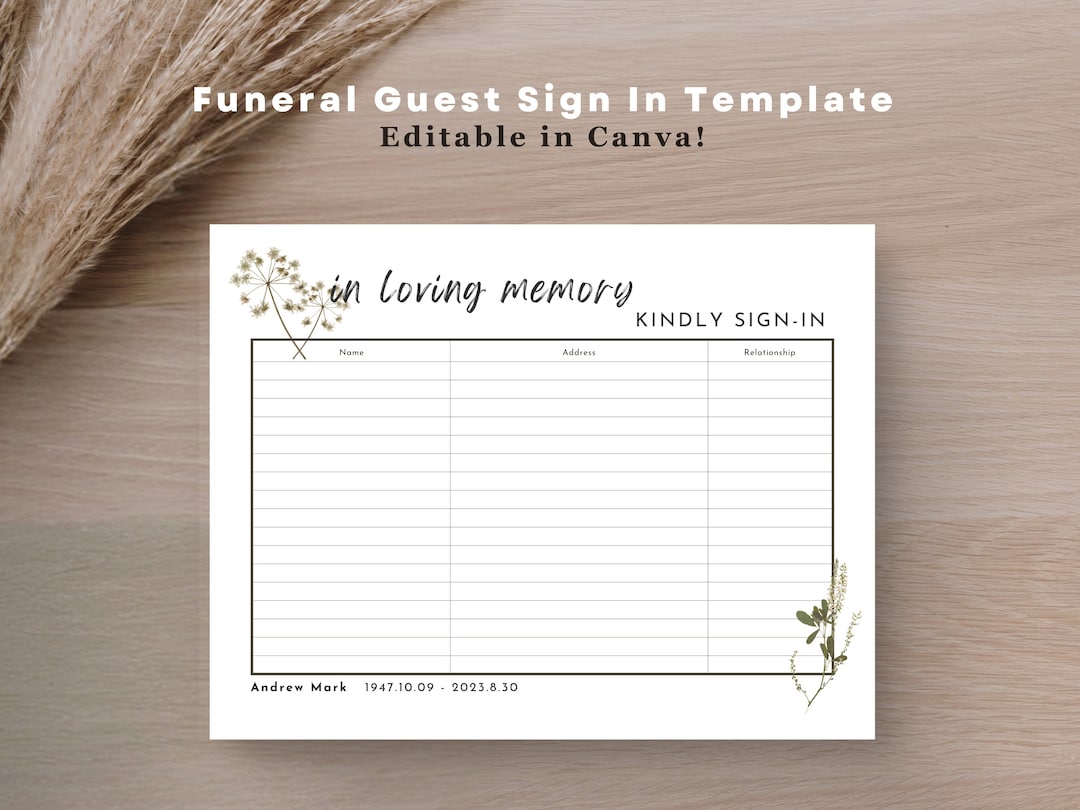 Funeral Guest Sign-in Sheet Template: Editable Canva Insert (digital ...