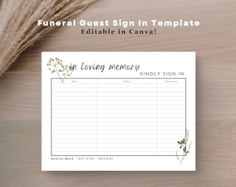 Minimal Funeral Guest Sign in Sheet Template Canva Funeral Guest Book ...