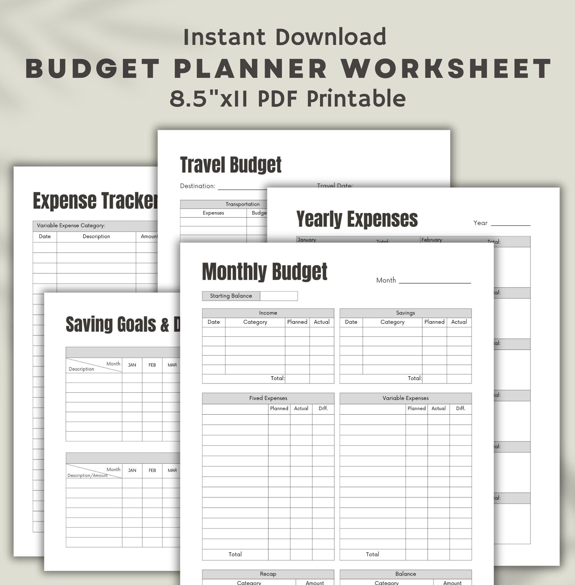 Budget Planner Printable Worksheet Bundle Monthly Budget Expense ...
